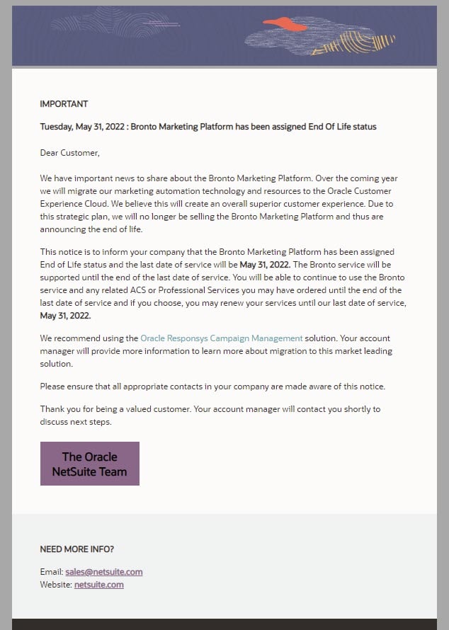 Bronto End of Life, what's next? - Email vendor selection